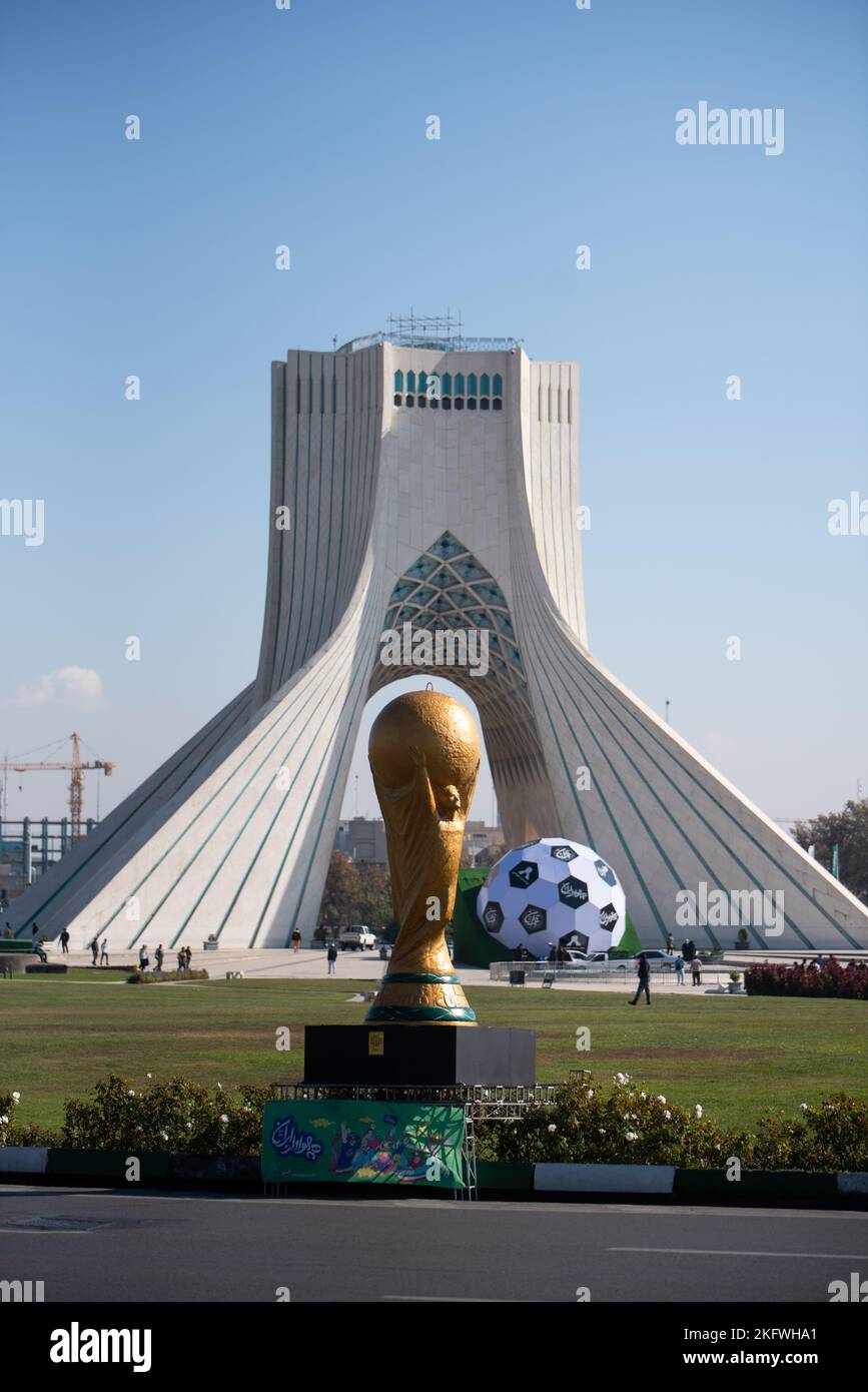 Tehran, Iran. 18th Nov, 2022. Sculptures of the FIFA World Cup trophy ...