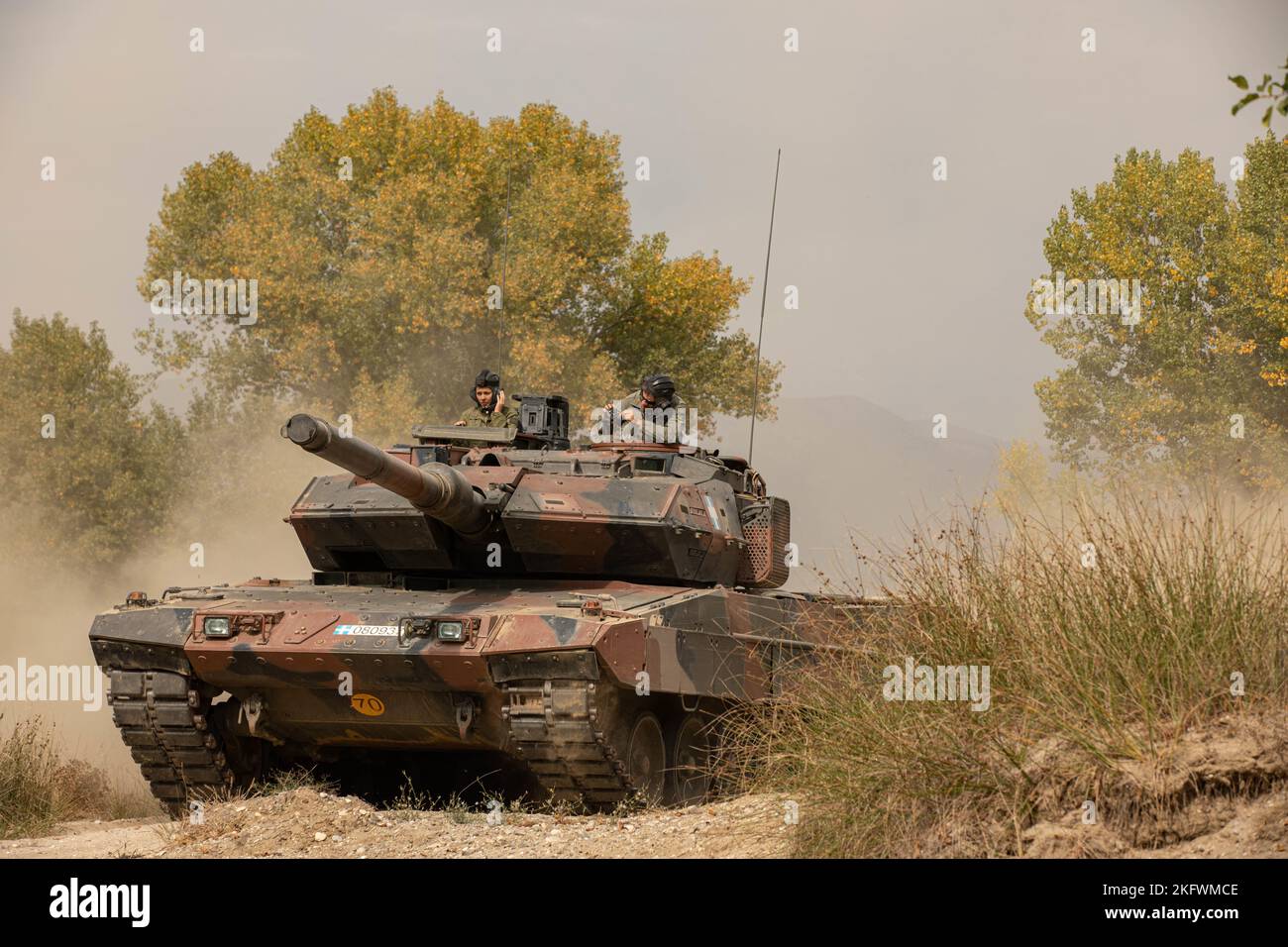 A Leo2 A6 HEL assigned to the Hellenic XXV Armored Brigade, prepares to ...