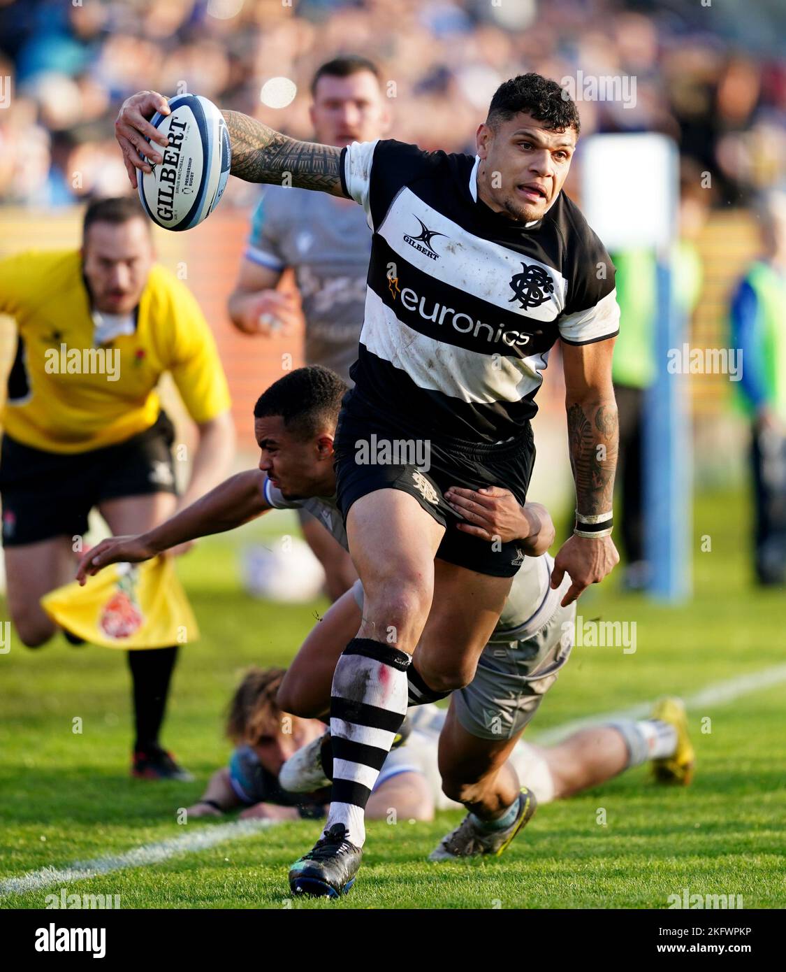 Barbarians’ Luther Burrel (right) and Bath’s Max Ojomoh in action ...