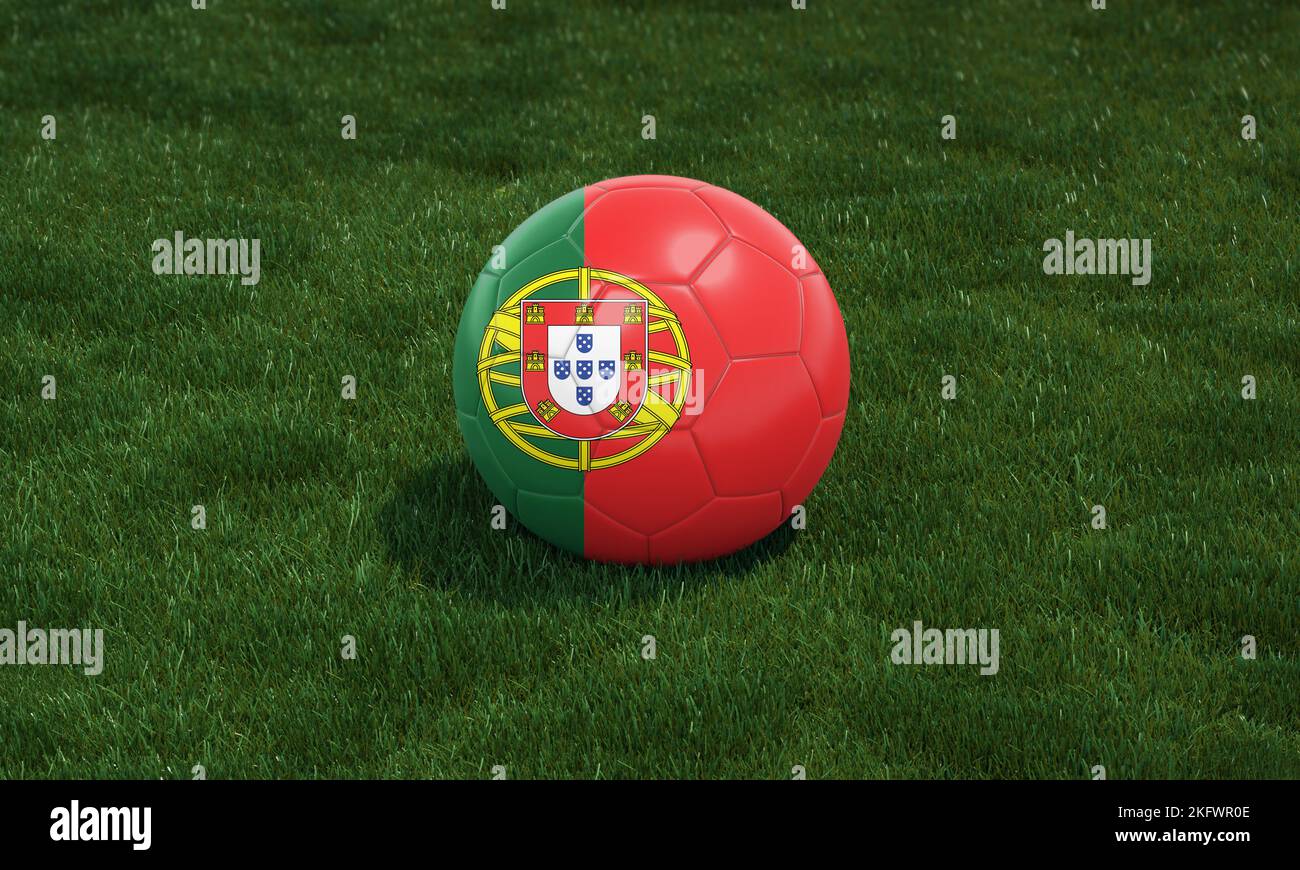 Soccer ball with Portugal flag colors at a stadium on green grasses ...