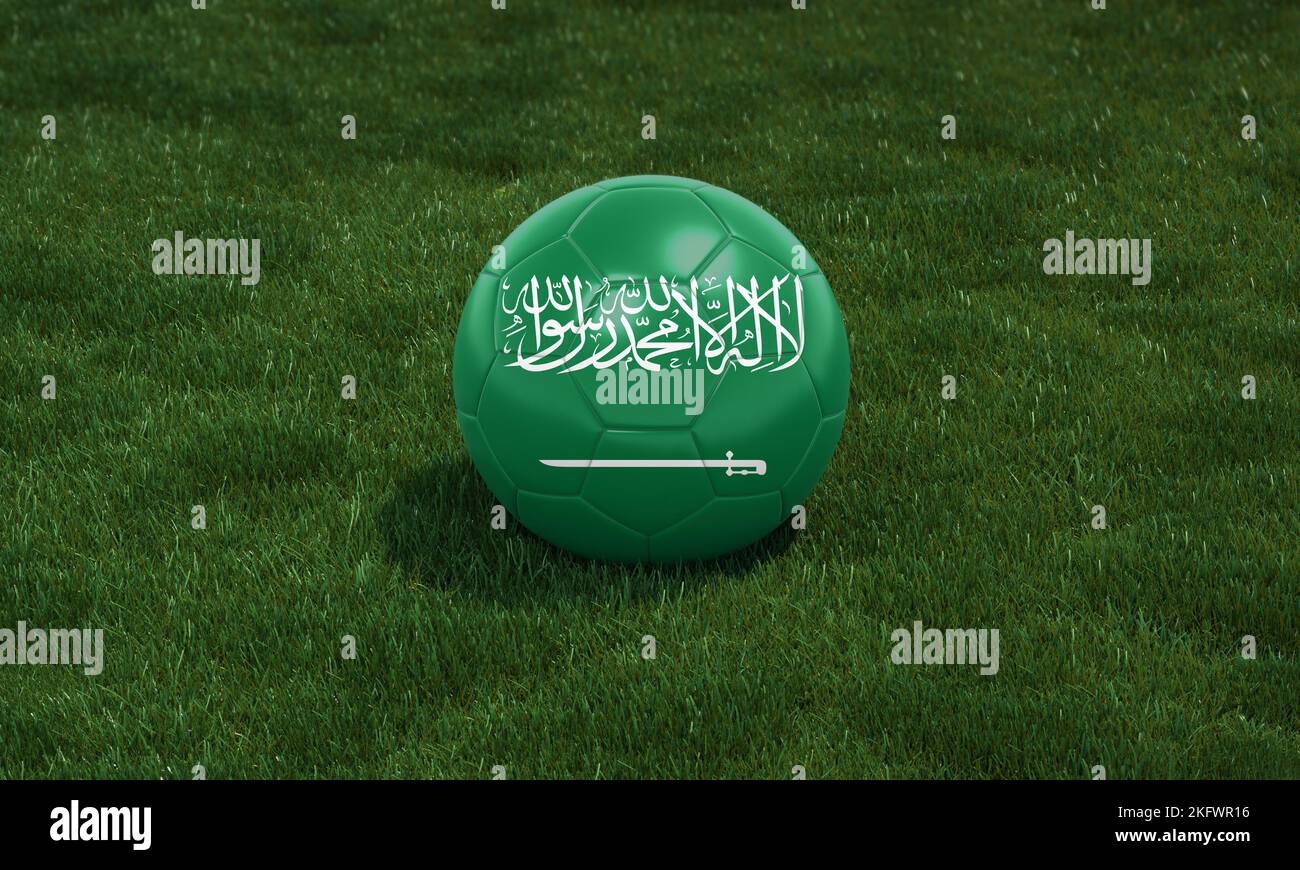 Soccer ball with Saudi Arabia flag colors at a stadium on green grasses ...
