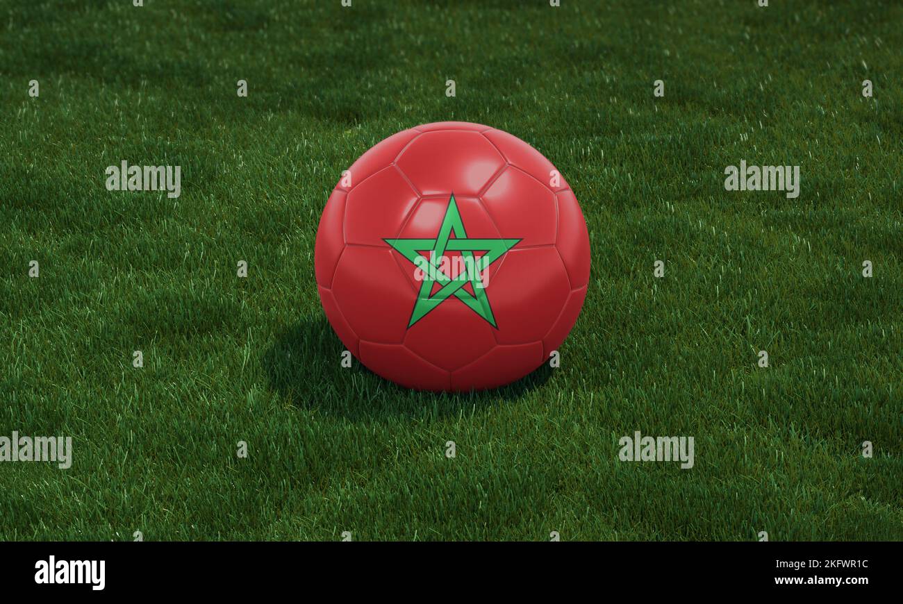 Soccer ball with Morocco flag colors at a stadium on green grasses ...