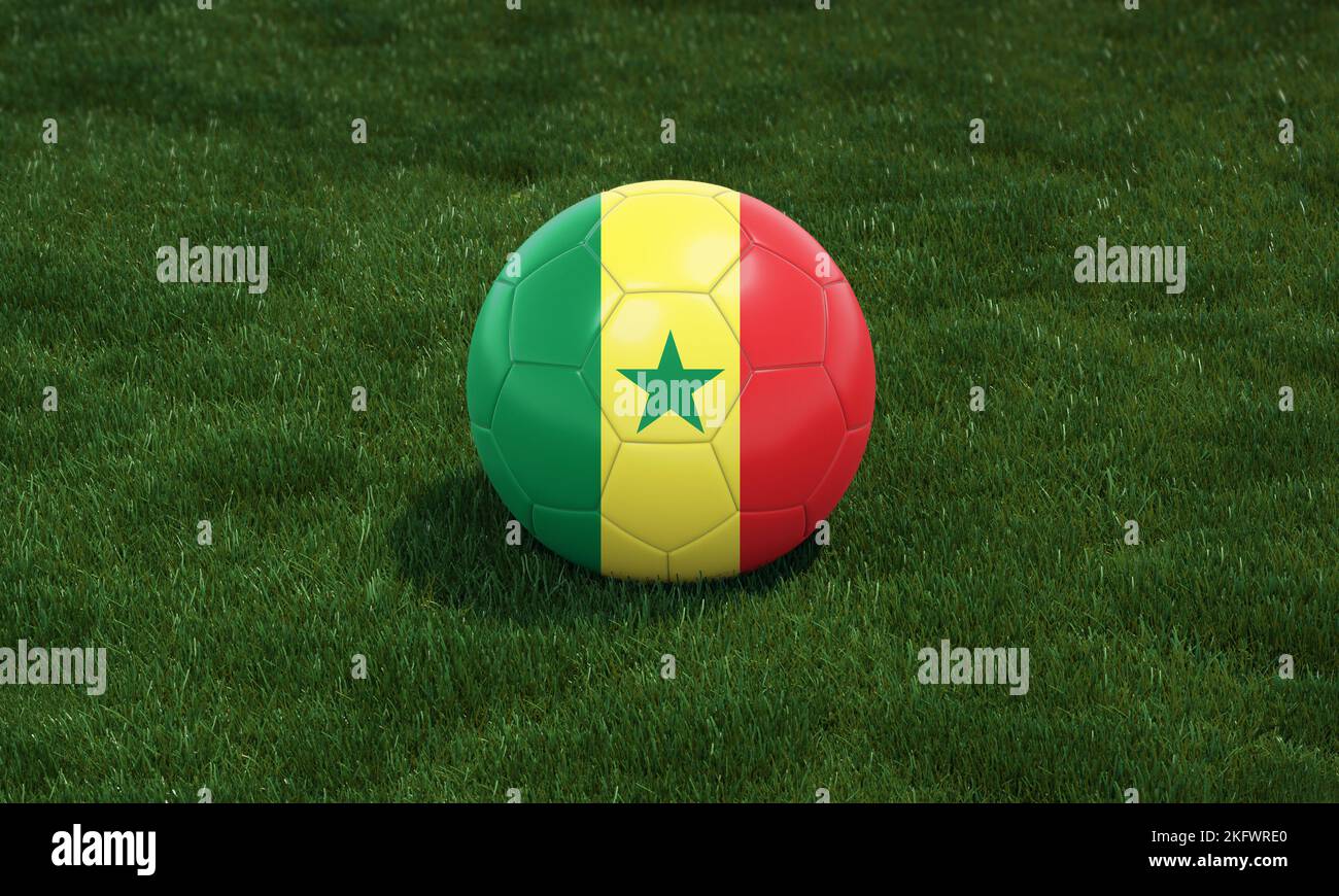 Soccer ball with Senegal flag colors at a stadium on green grasses ...