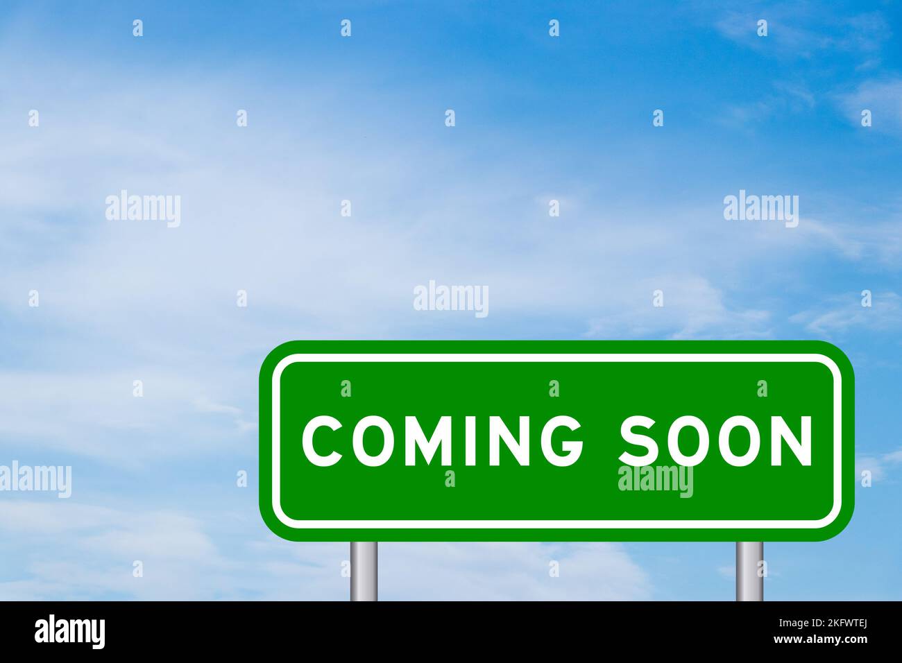 Green color transportation sign with word coming soon on blue sky with ...