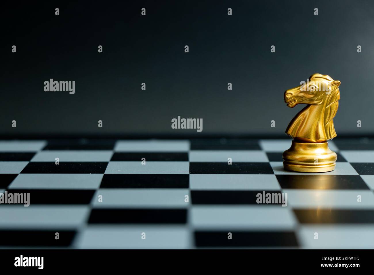 Gold knight chess piece stand on black background (Concept for ...