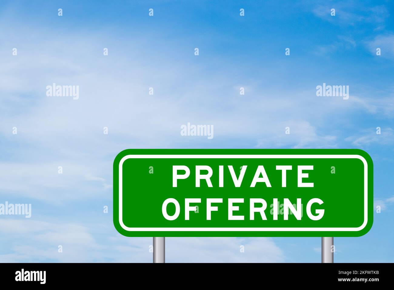 Green color transportation sign with word private offering on blue sky ...