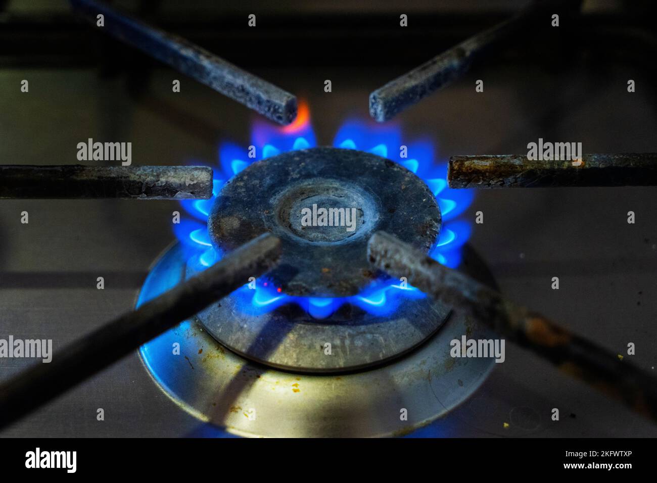 Blue flames of gas burning from a kitchen gas stove. Focus the front ...