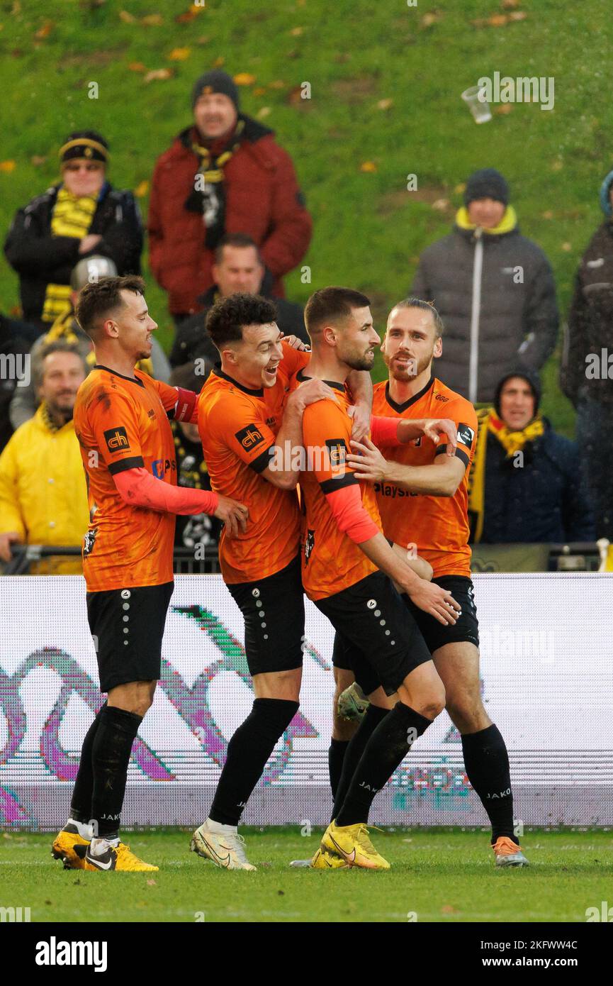 Deinze's Dylan De Belder celebrates after scoring during a soccer match ...