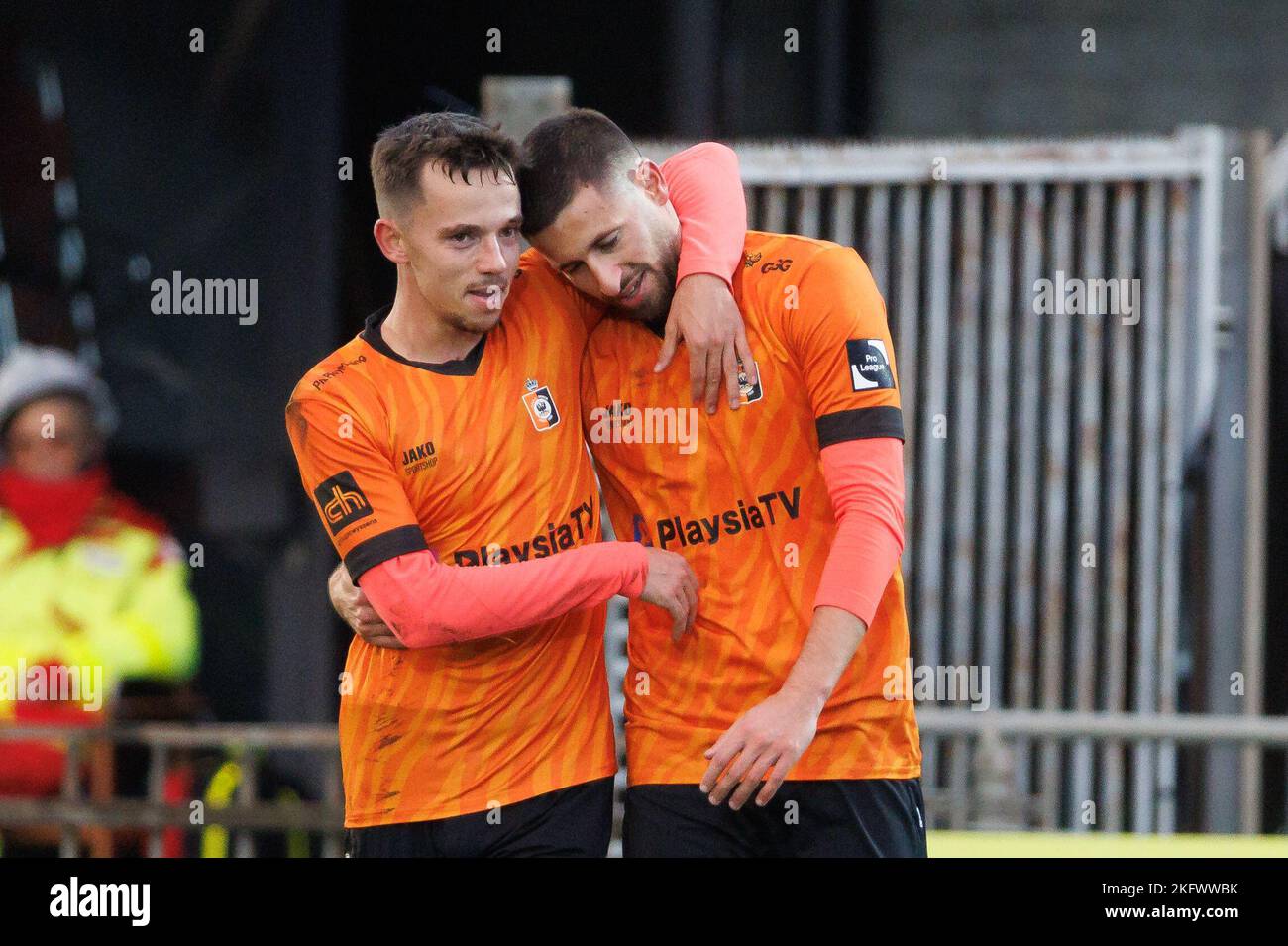 Deinze's Dylan De Belder celebrates after scoring during a soccer match ...