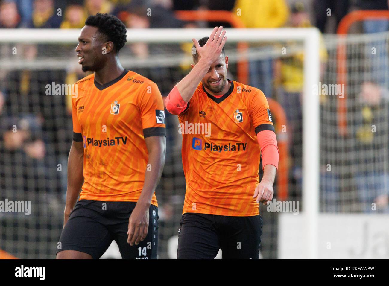 Deinze's Dylan De Belder celebrates after scoring during a soccer match ...