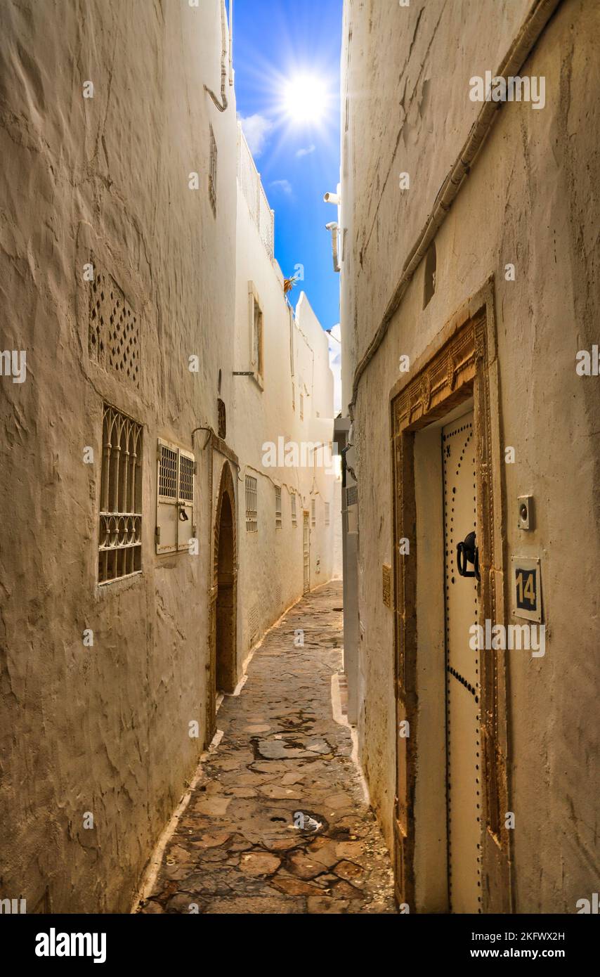 Narrow street of ancient Medina in Hammamet, Tunisia, Mediterranean Sea ...
