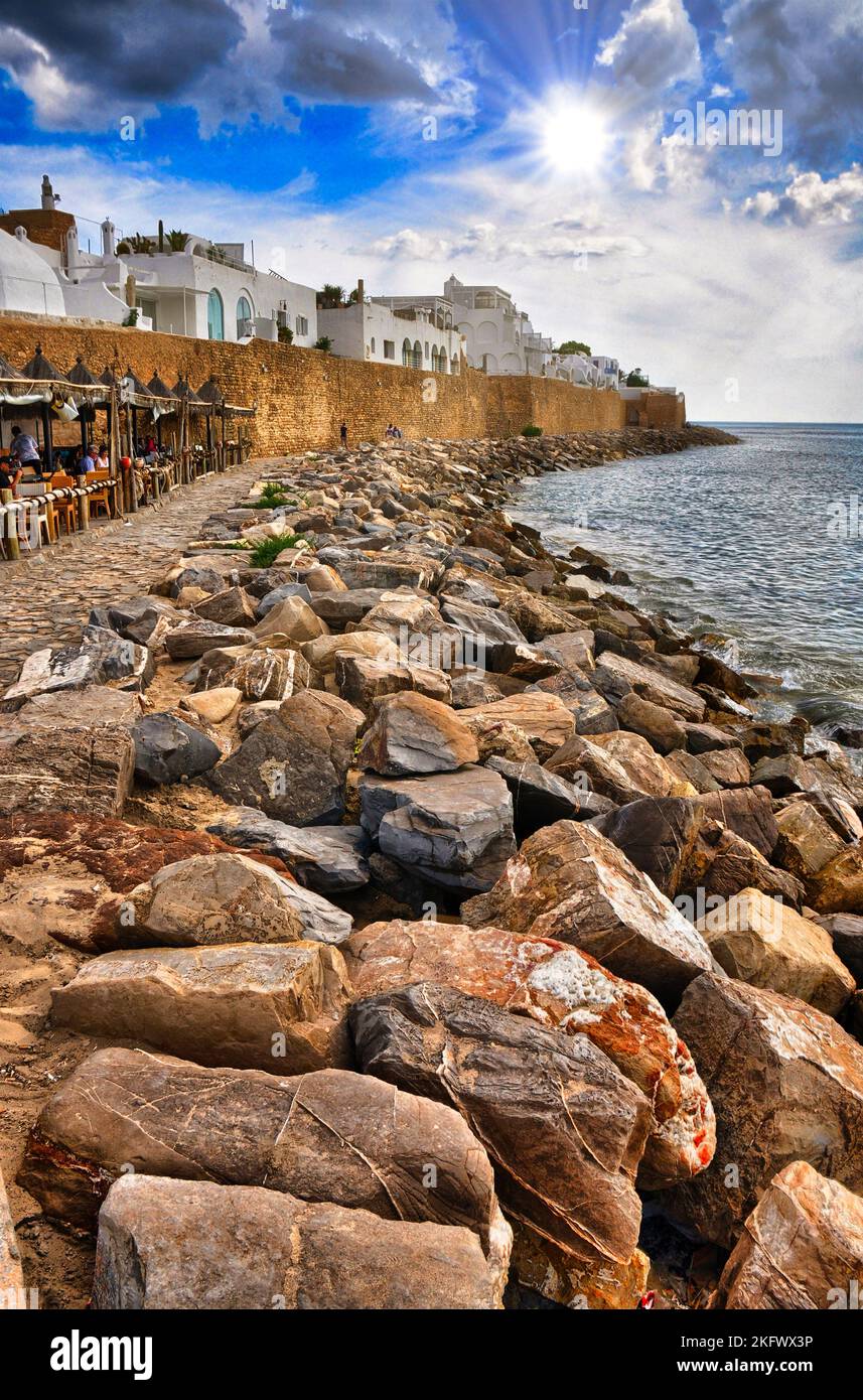 Stones on the beach of ancient Medina, Hammamet, Tunisia, Mediterranean ...