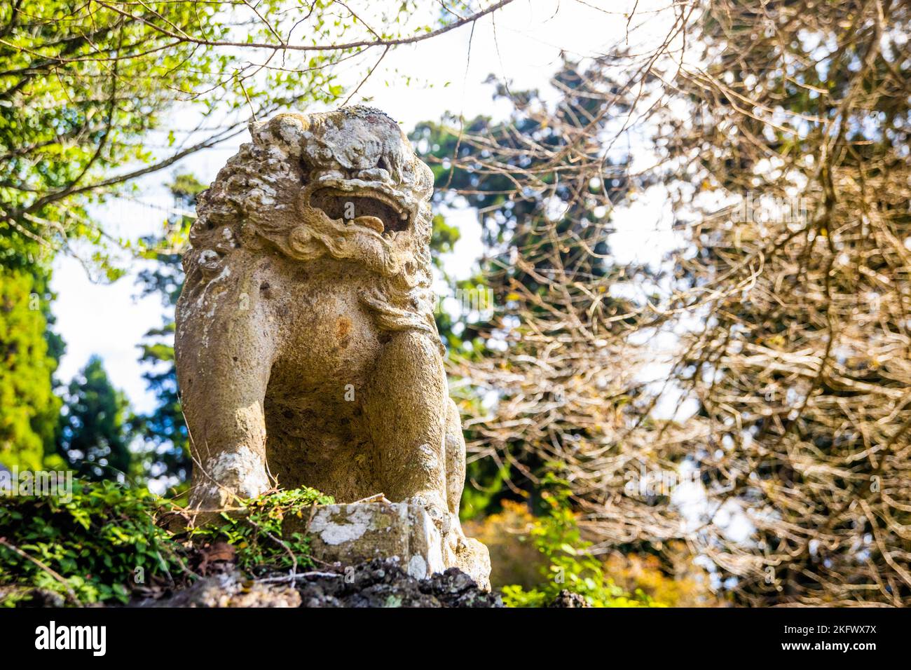 Japanese ancient statue of demon in stone at shrine forest Stock Photo ...