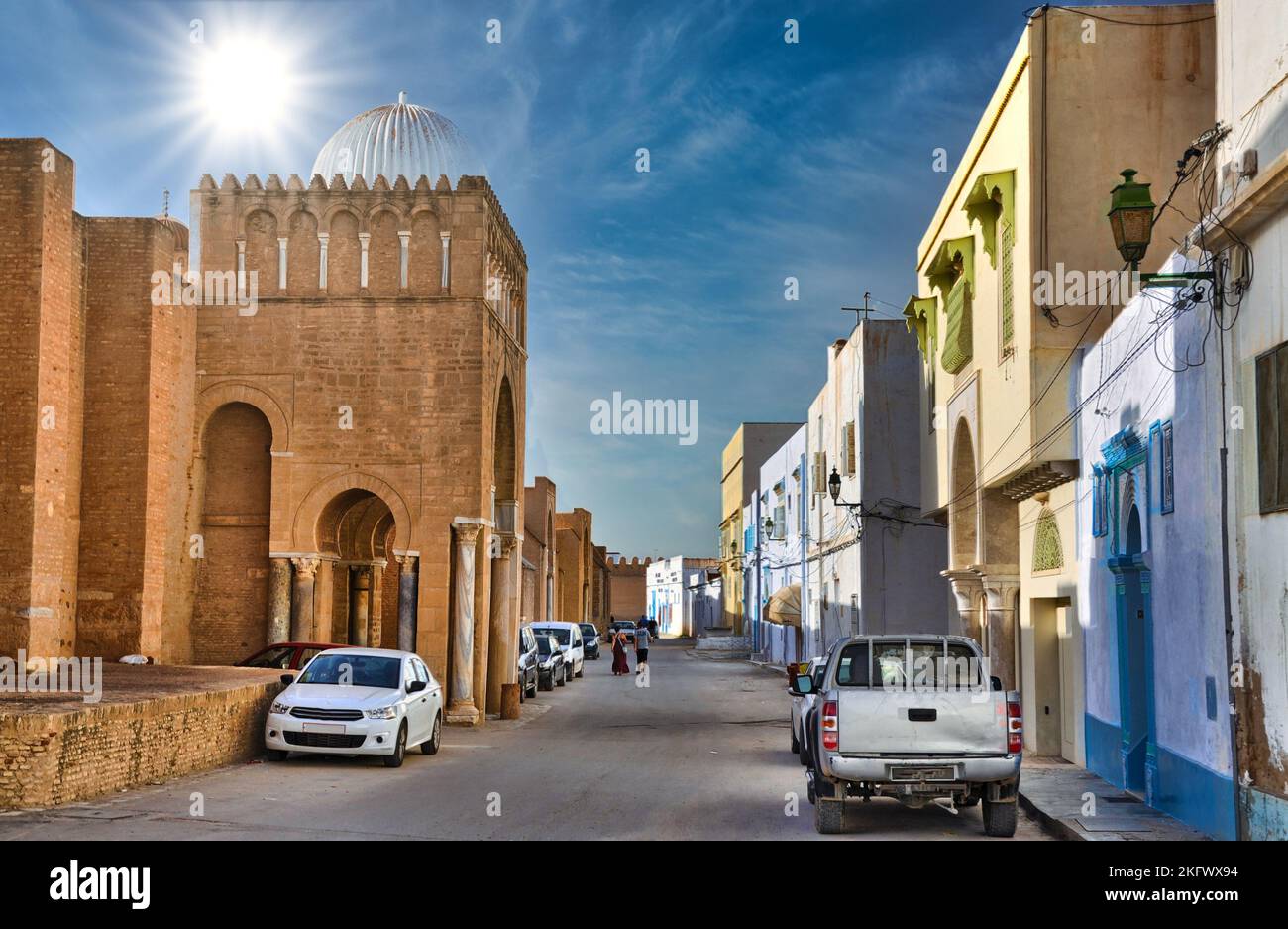 Autos near ancient Great Mosque in Kairouan, Sahara Desert, Tunisia ...