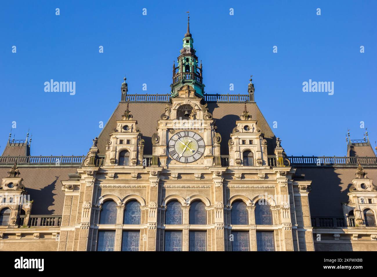 Clock on the facade of the historic town hall in Liberec, Czech ...