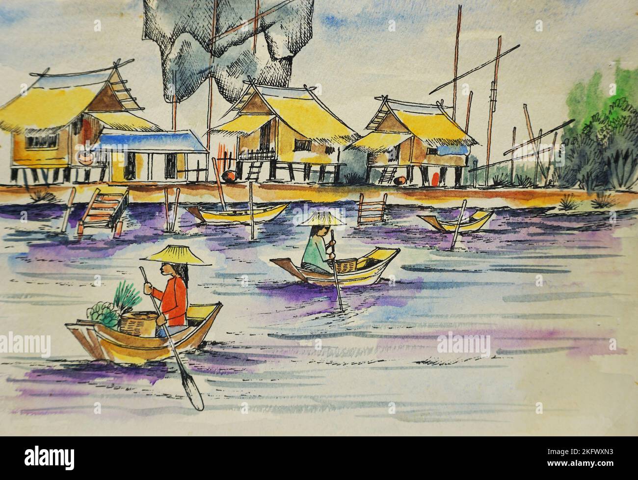 art drawing colorful Floating market , academy of art Stock Photo - Alamy