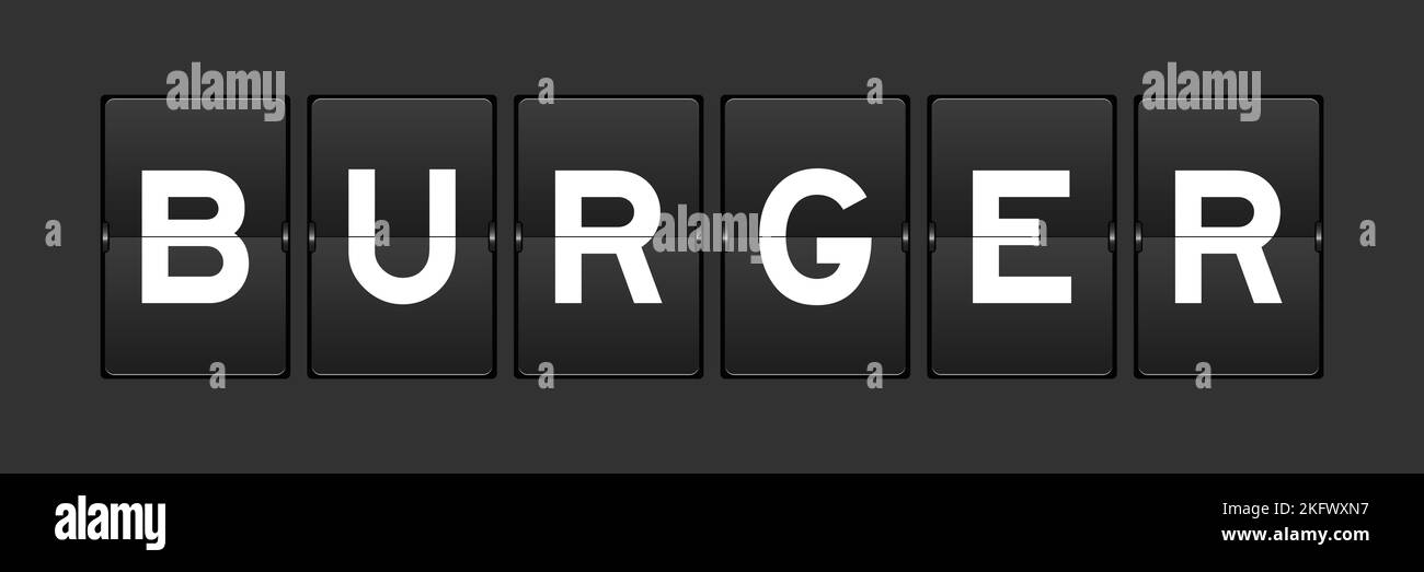 Black color analog flip board with word burger on gray background Stock ...