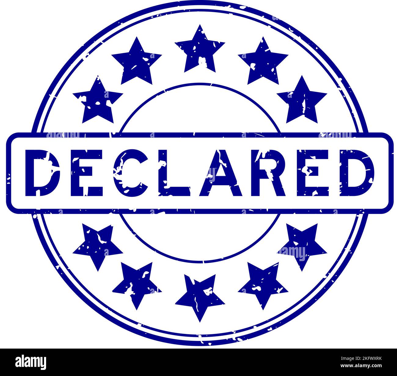 Grunge blue declared word with star icon round rubber seal stamp on ...