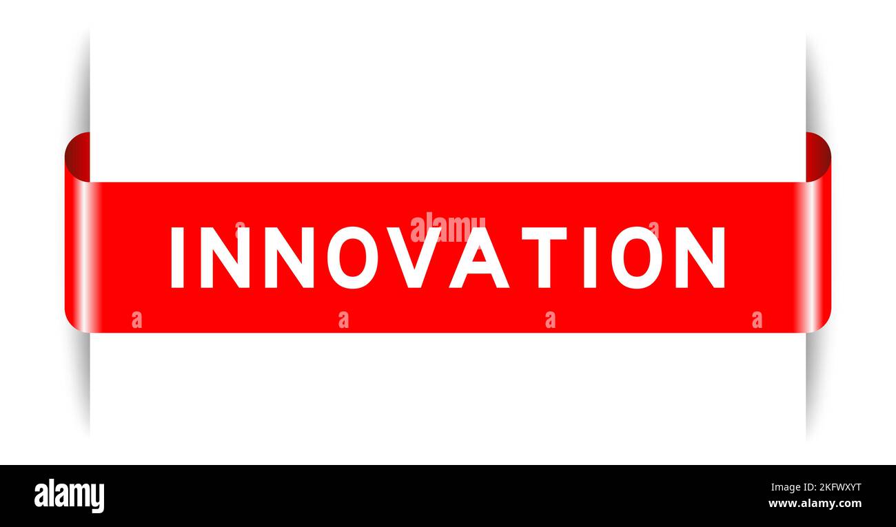 Red color inserted label banner with word innovation on white ...