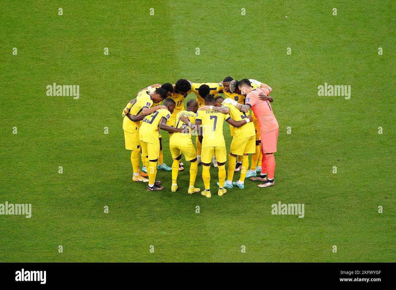 Ecuador players form a team huddle at the start of the FIFA World Cup ...