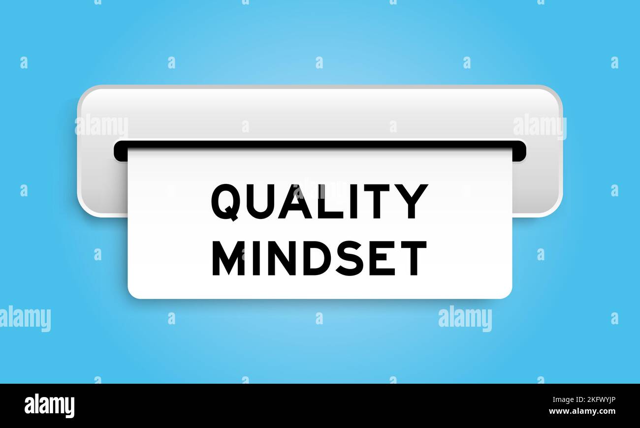 White coupon banner with word quality mindset from machine on blue ...