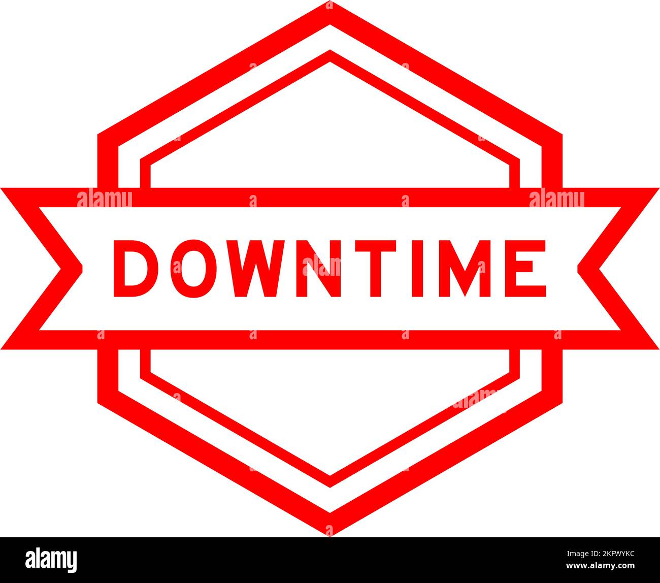 Vintage red color hexagon label banner with word downtime on white ...
