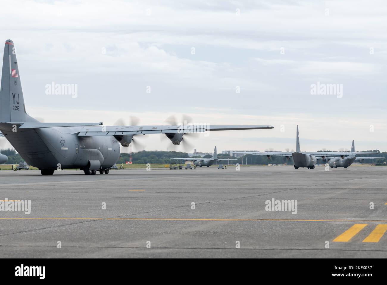 Four C-130J Super Hercules aircraft with the 36th Airlift Squadron taxi ...