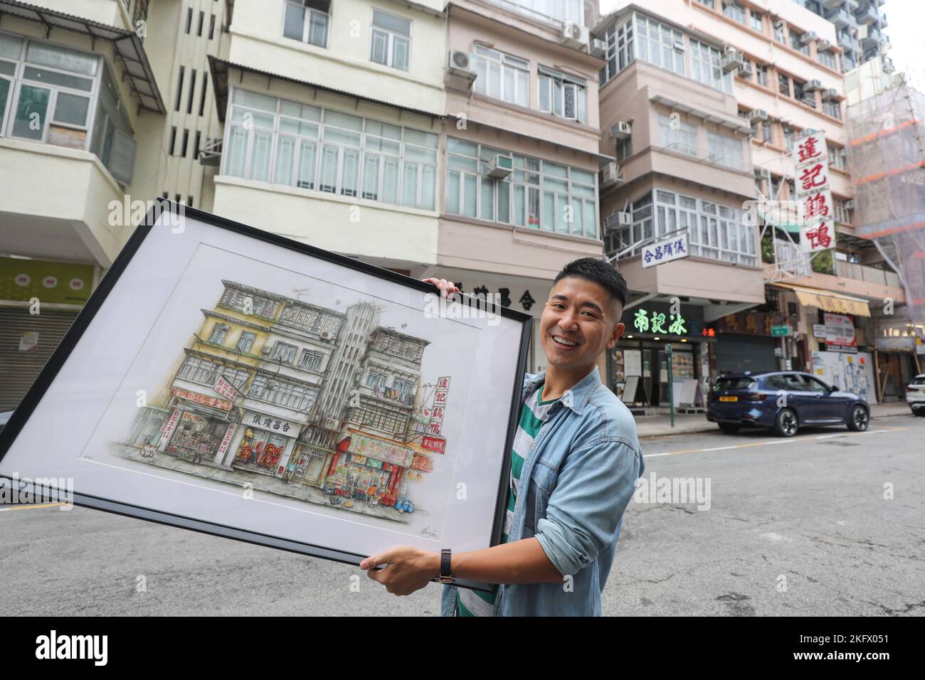 Hong Kong artist Alvin CK Lam (with one of his watercolour urban ...