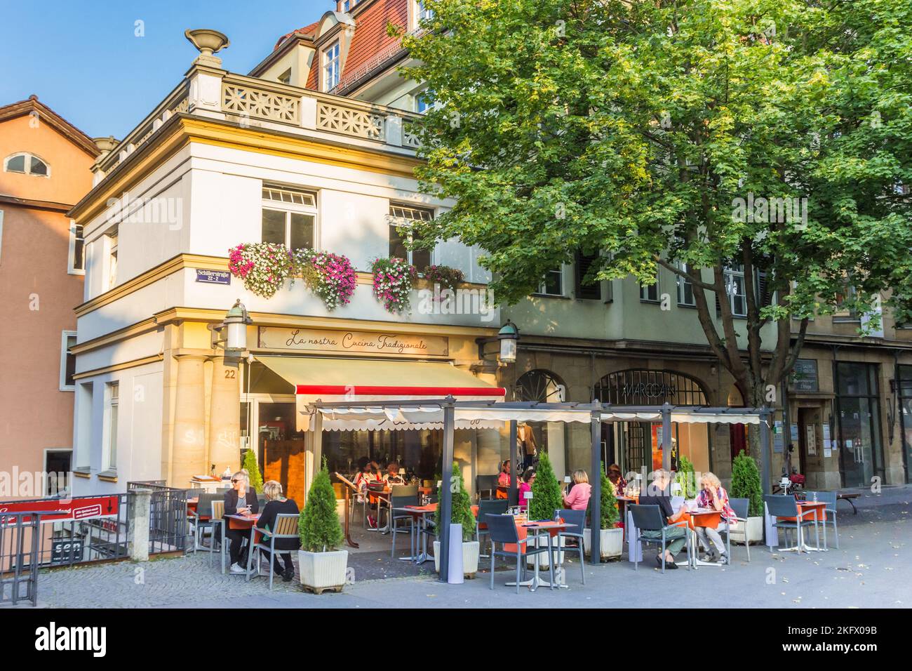 Colorful restaurant in the Schillerstrasse street in Weimar, Germany ...