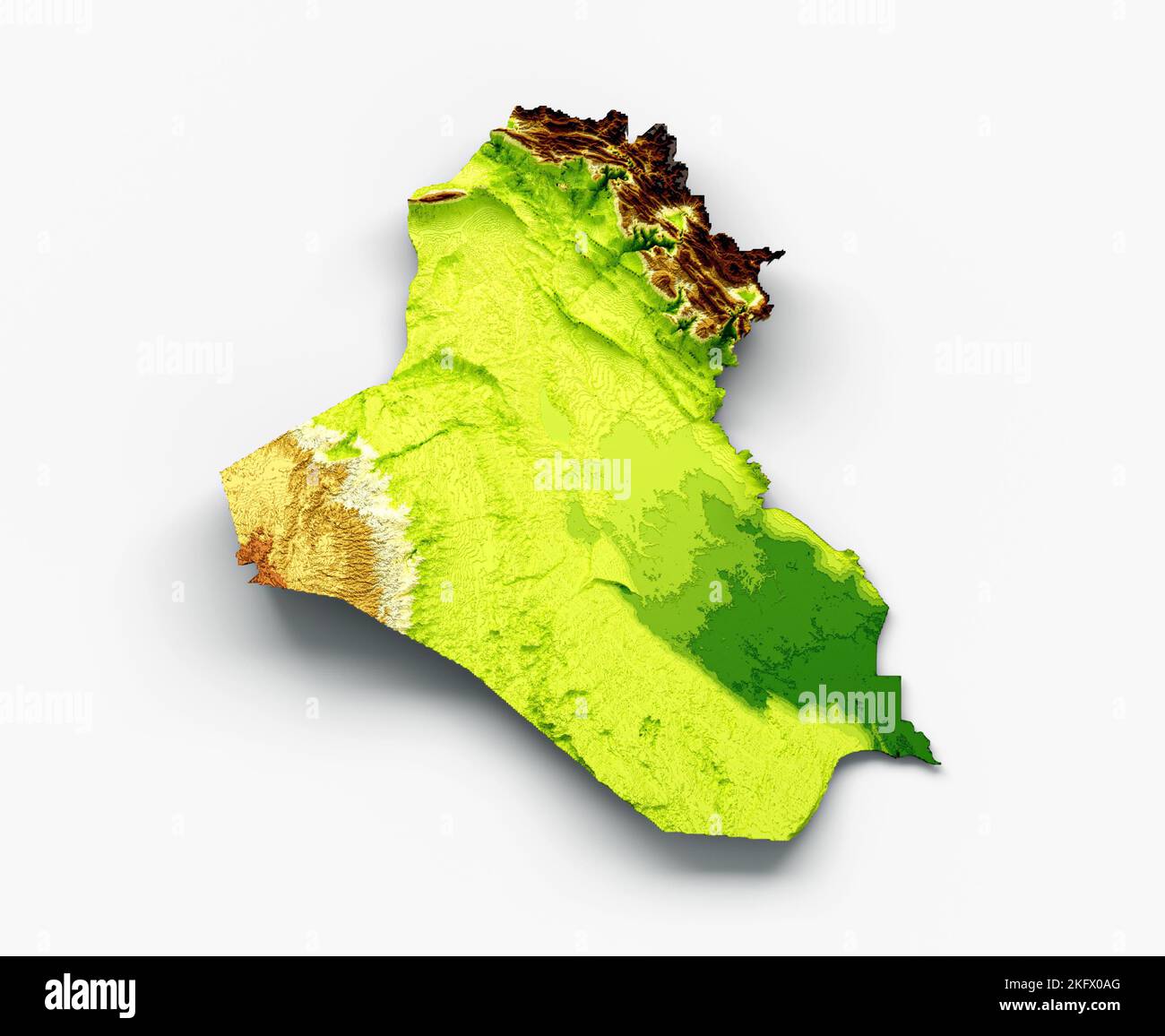 A 3d illustration of Iraq map with shaded relief on white background ...