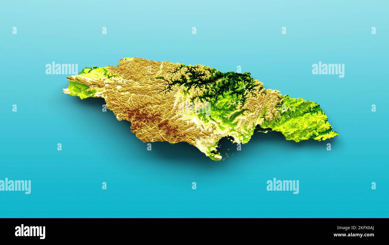 A 3d illustration of Jamaica map with shaded relief on blue background ...