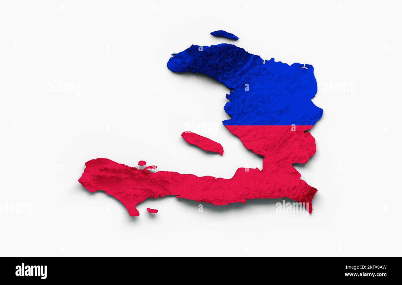 A 3d illustration of Haiti map with flag colors shaded relief on white ...