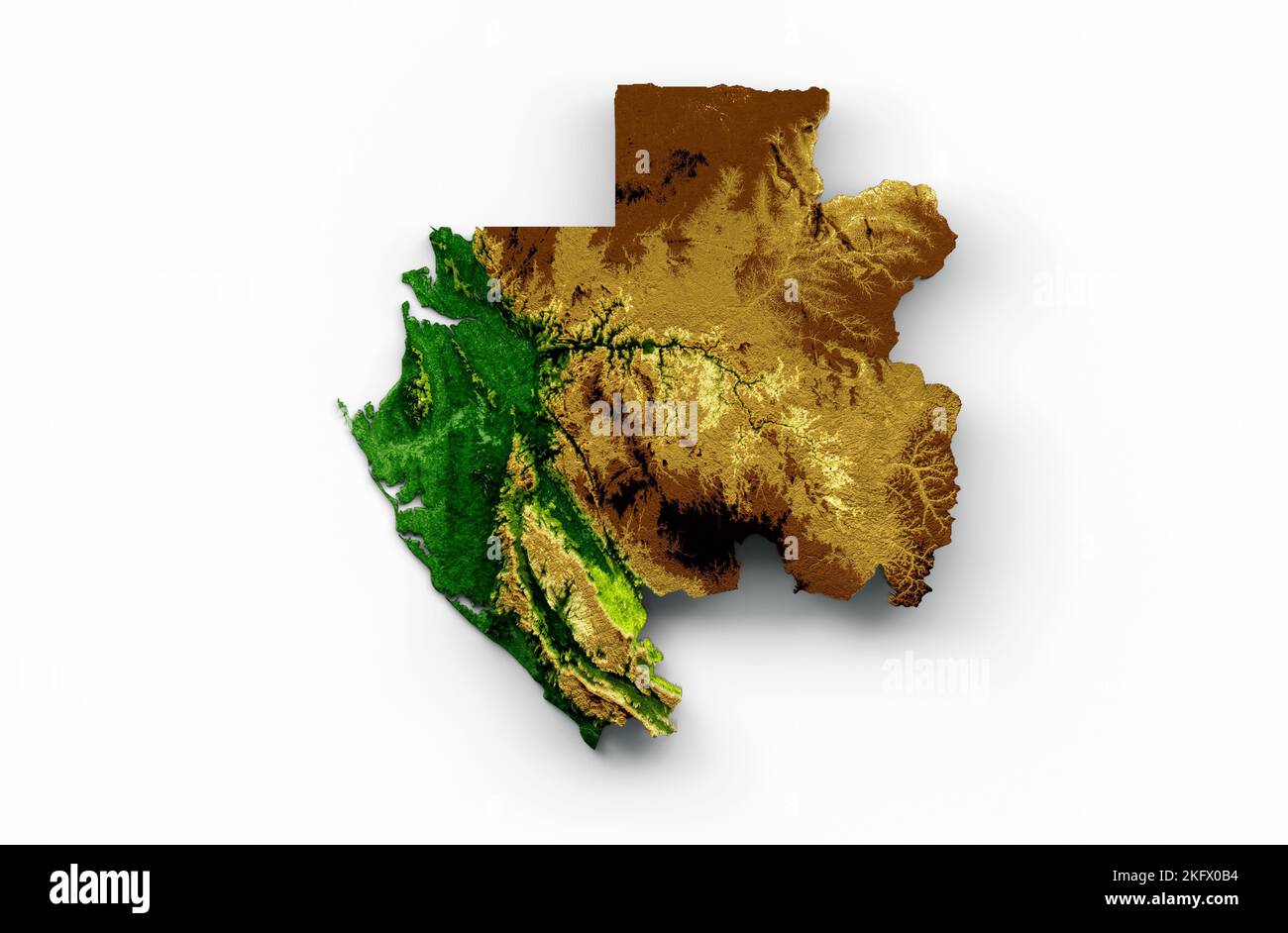A 3d illustration of Gabon map with shaded relief on white background ...