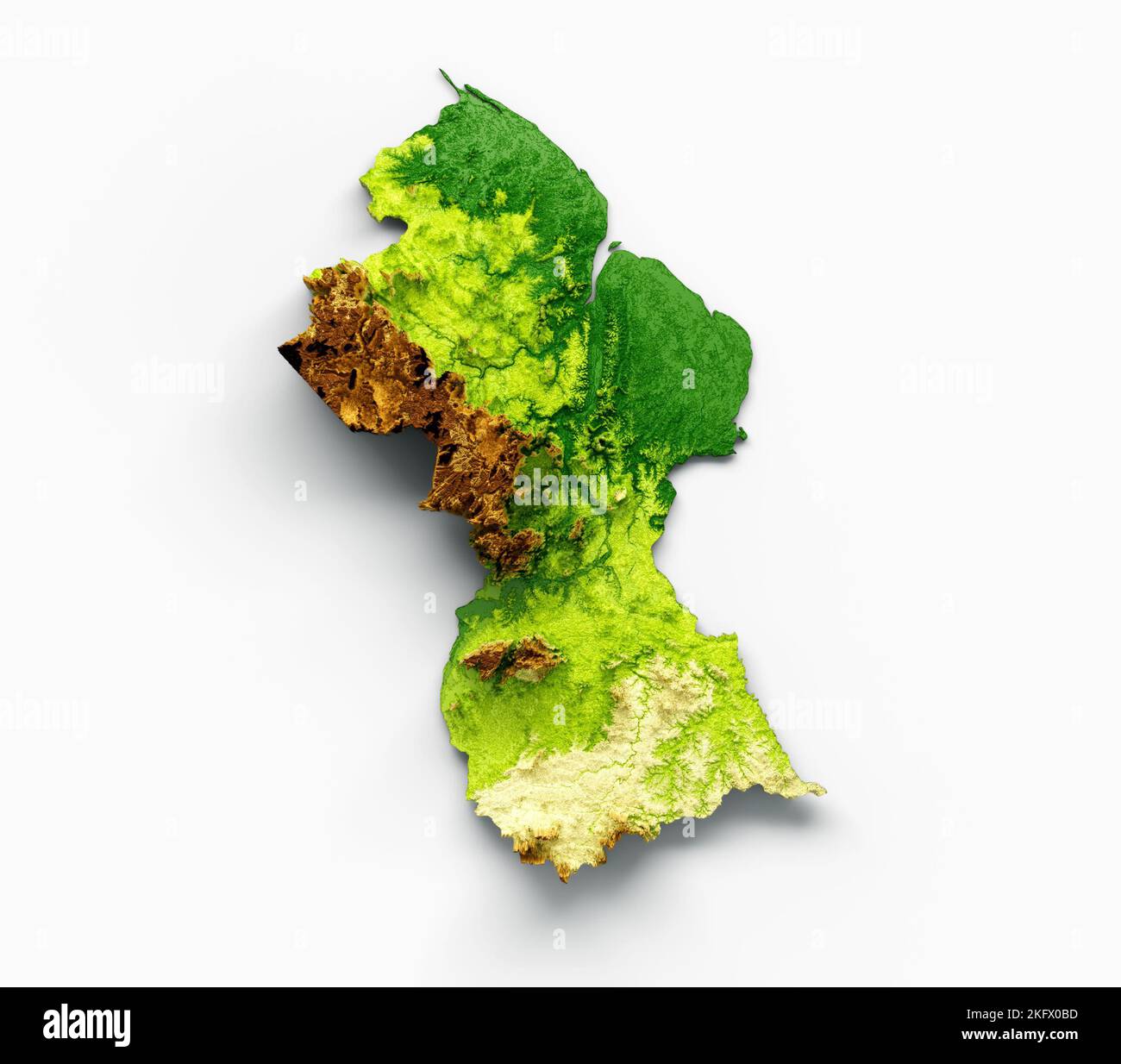 A 3d illustration of Guyana map with shaded relief on white background ...