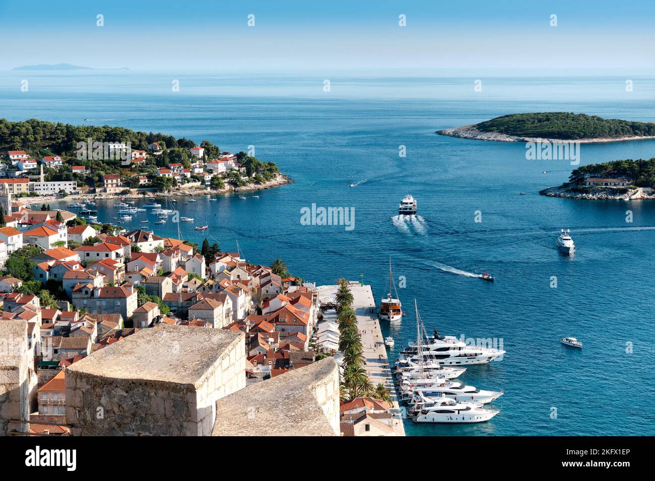 Hvar town on Hvar island in Croatia. Amazing bird view over the town ...