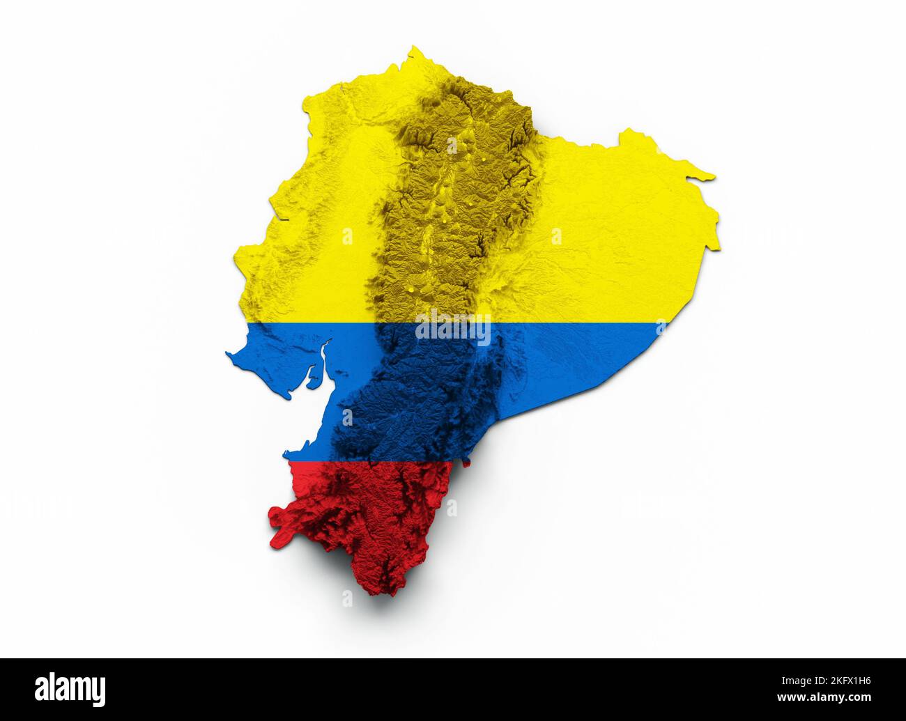A 3d illustration of Ecuador map with flag colors shaded relief on ...