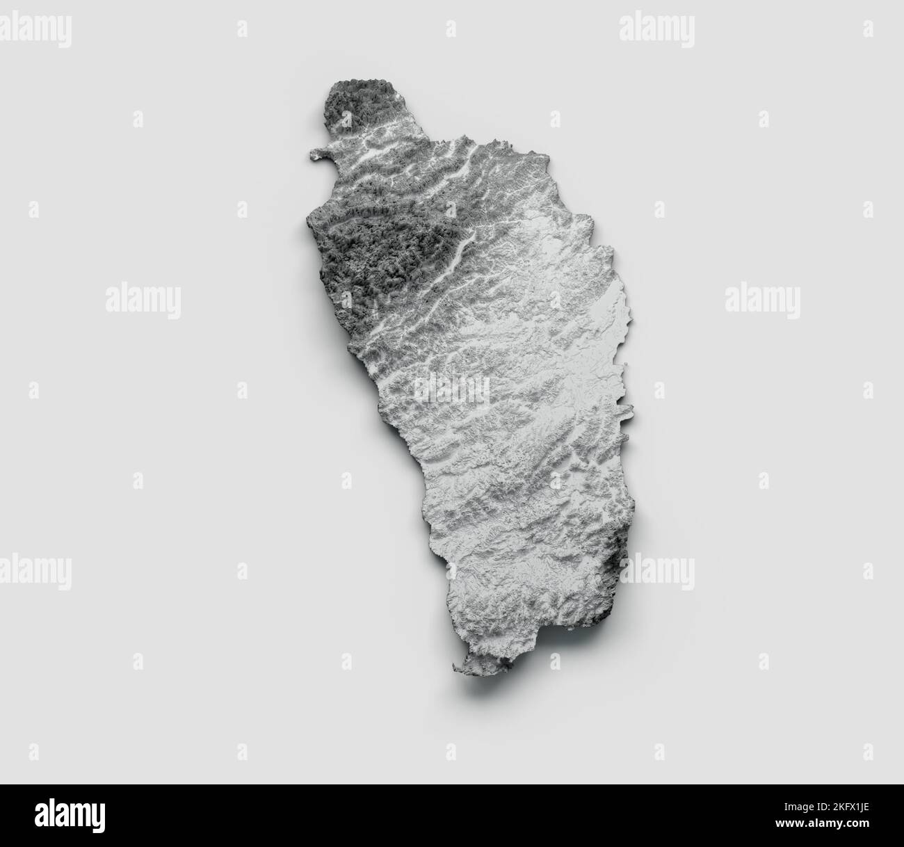 A 3d illustration of Dominica map with shaded relief on white ...