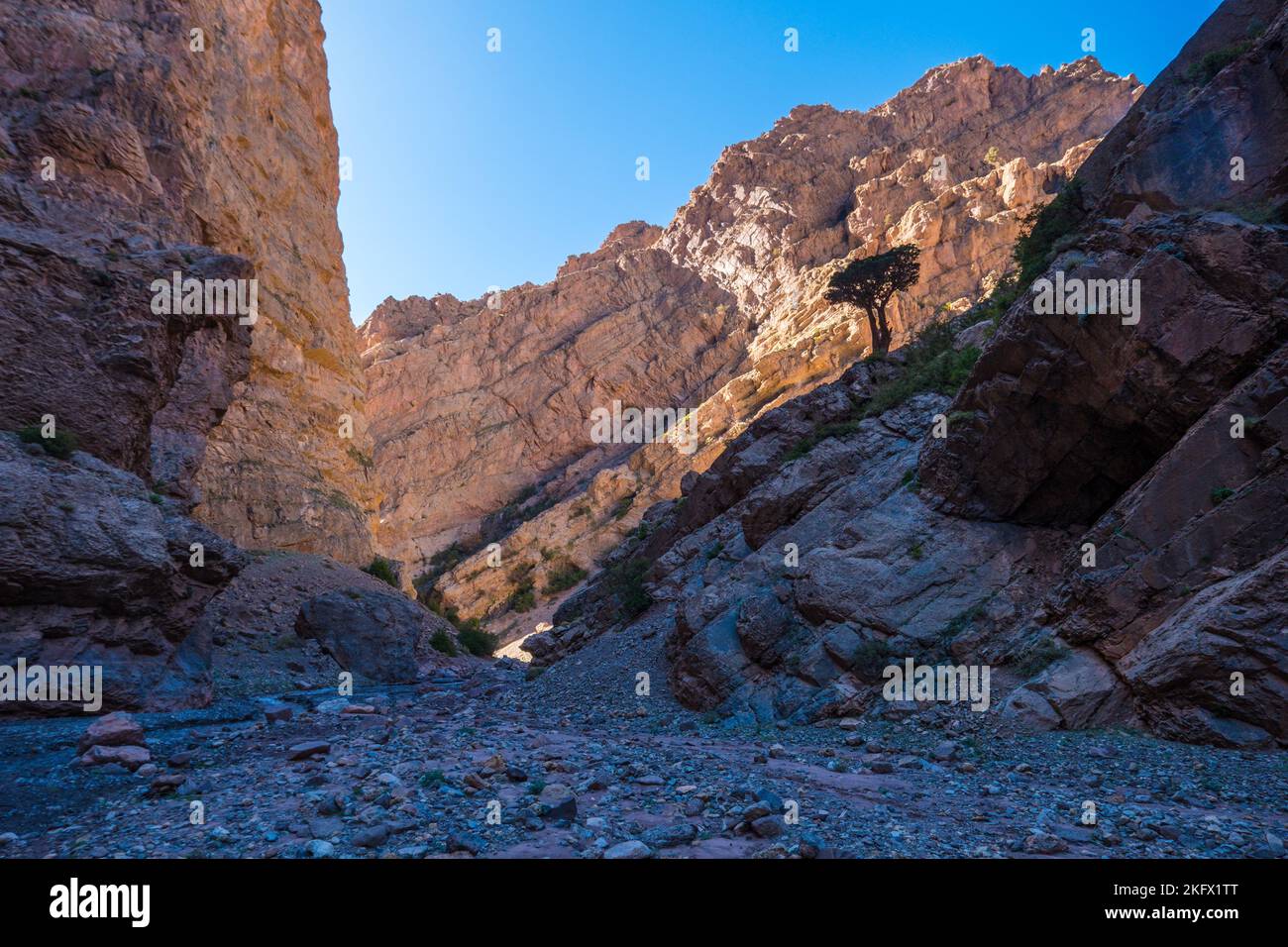 Narrow gorge in the M'Goun massif of the Moroccan Atlas mountains Stock ...