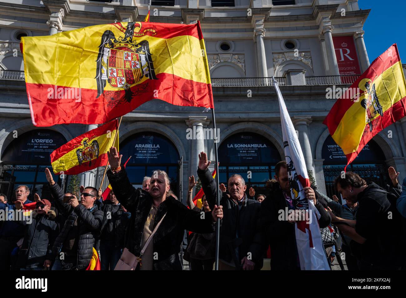 Madrid, Spain. 20th Nov, 2022. People waving pre-constitutional flags ...