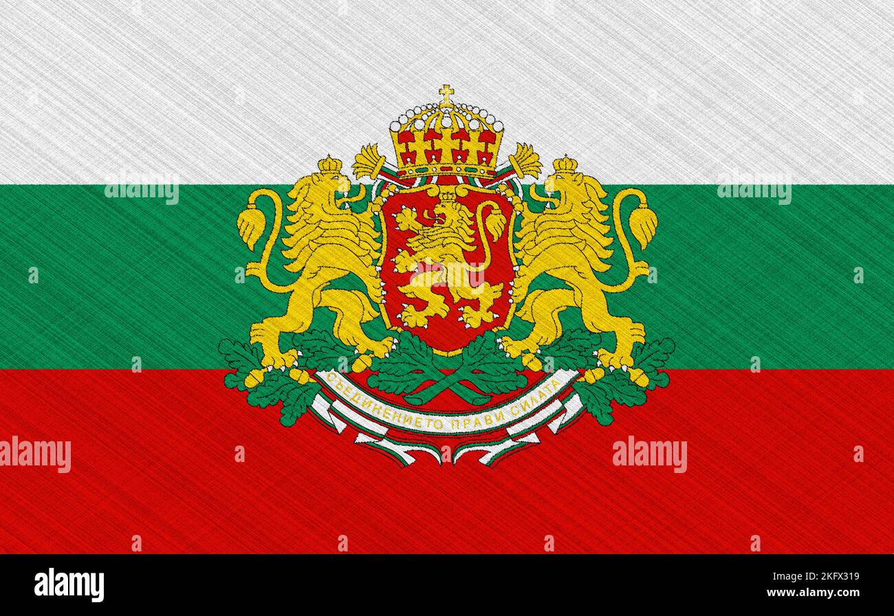Flag and coat of arms of Bulgaria on a textured background. Concept ...