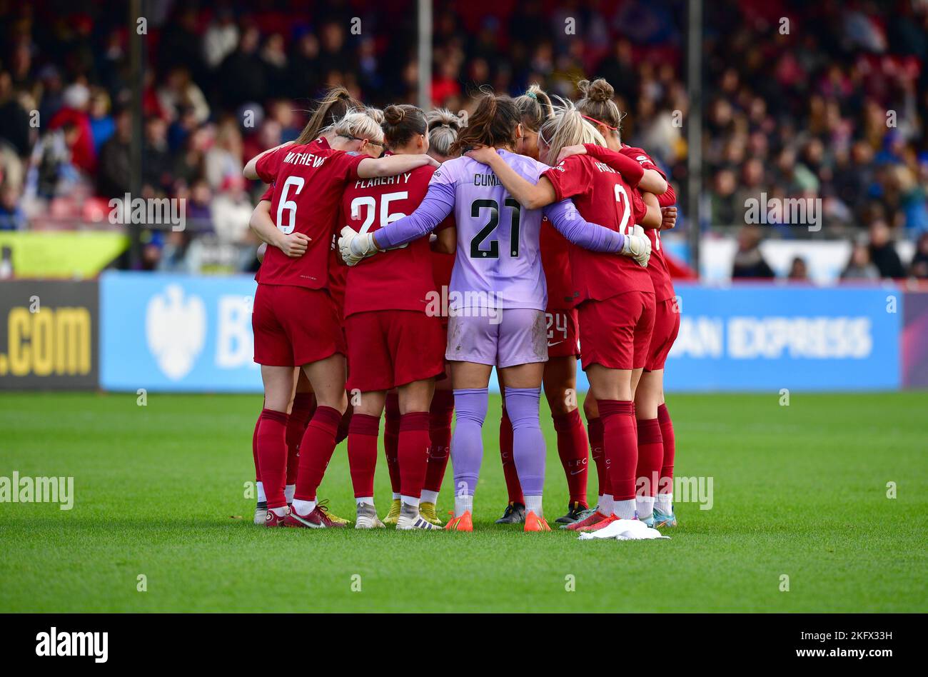 Crawley, UK. 20th Nov, 2022. Liverpool players huddle together before ...