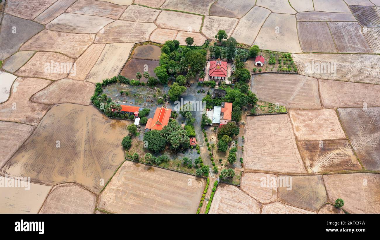 Khmer pagoda between rice fields in An Giang from aerial view Stock ...