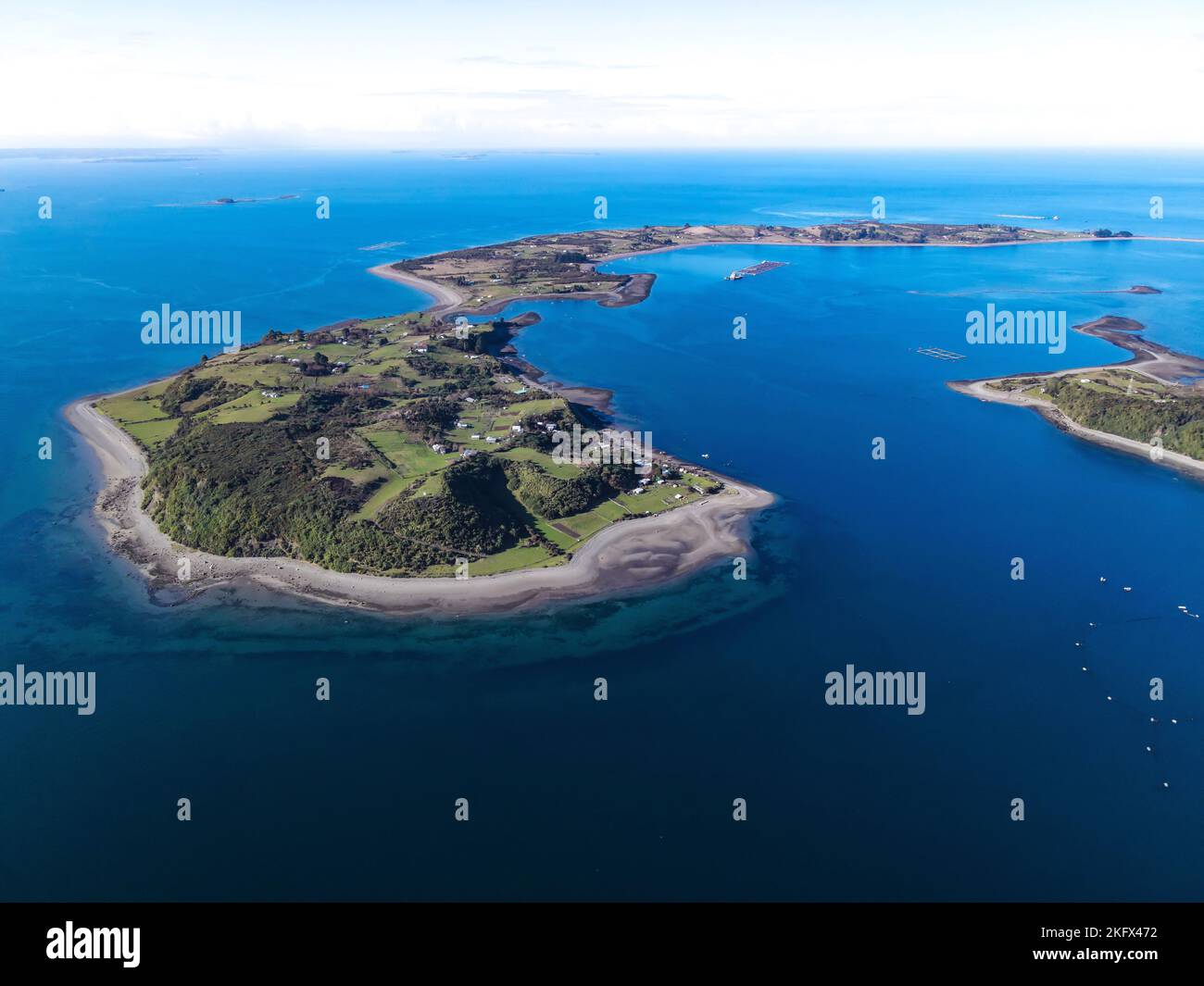An aerial view of Isla Huapi Abtad on the water in Chile Stock Photo ...