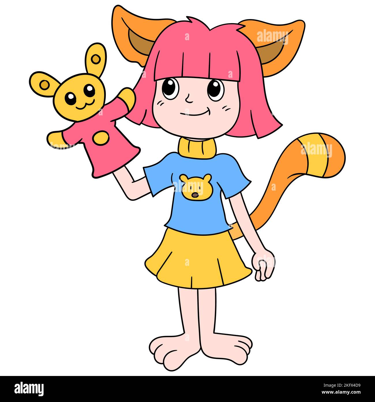 A vector illustration of a smiling girl with pink short hair playing ...