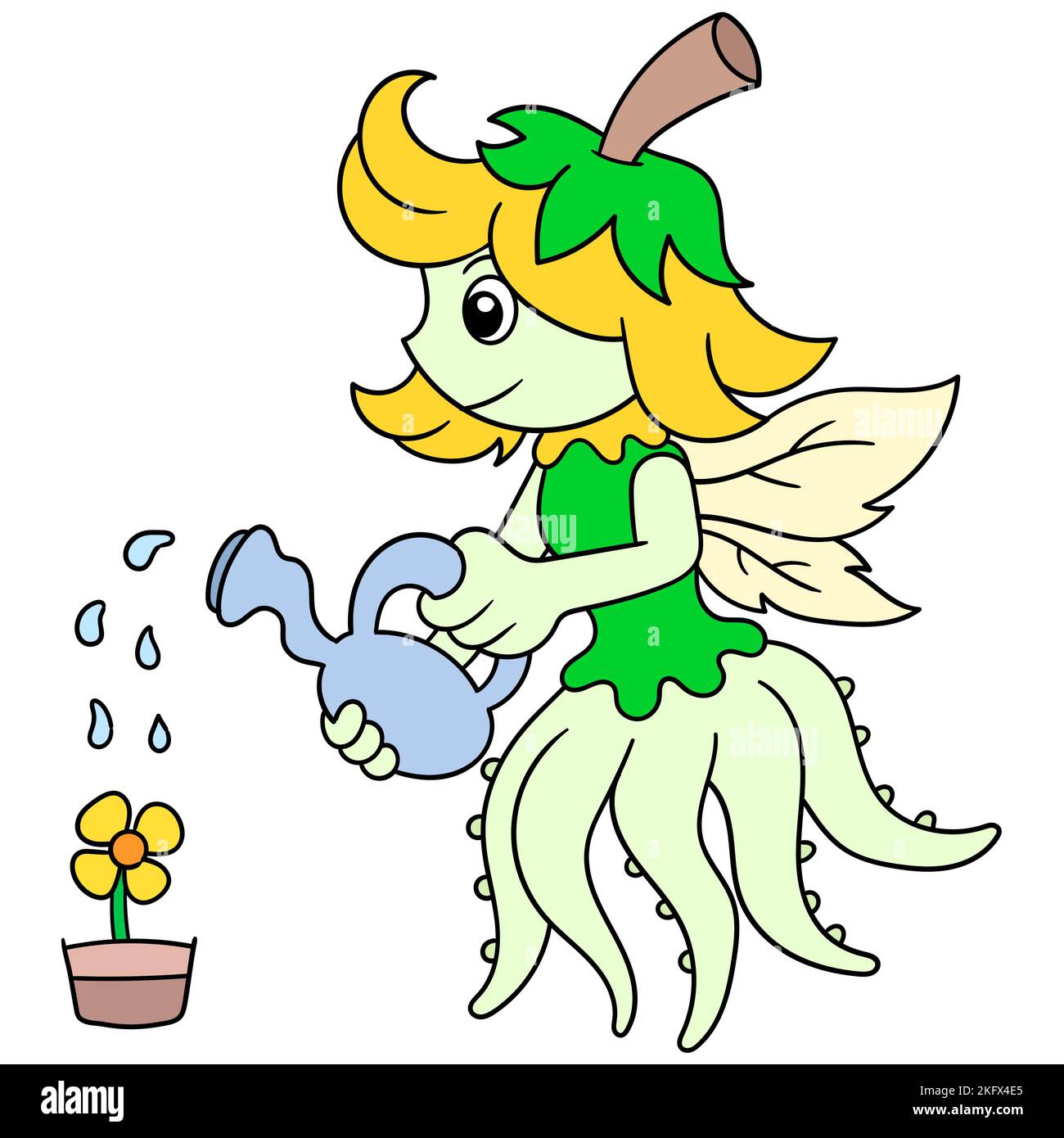 A vector illustration of a cartoon fairy octopus with wings watering ...