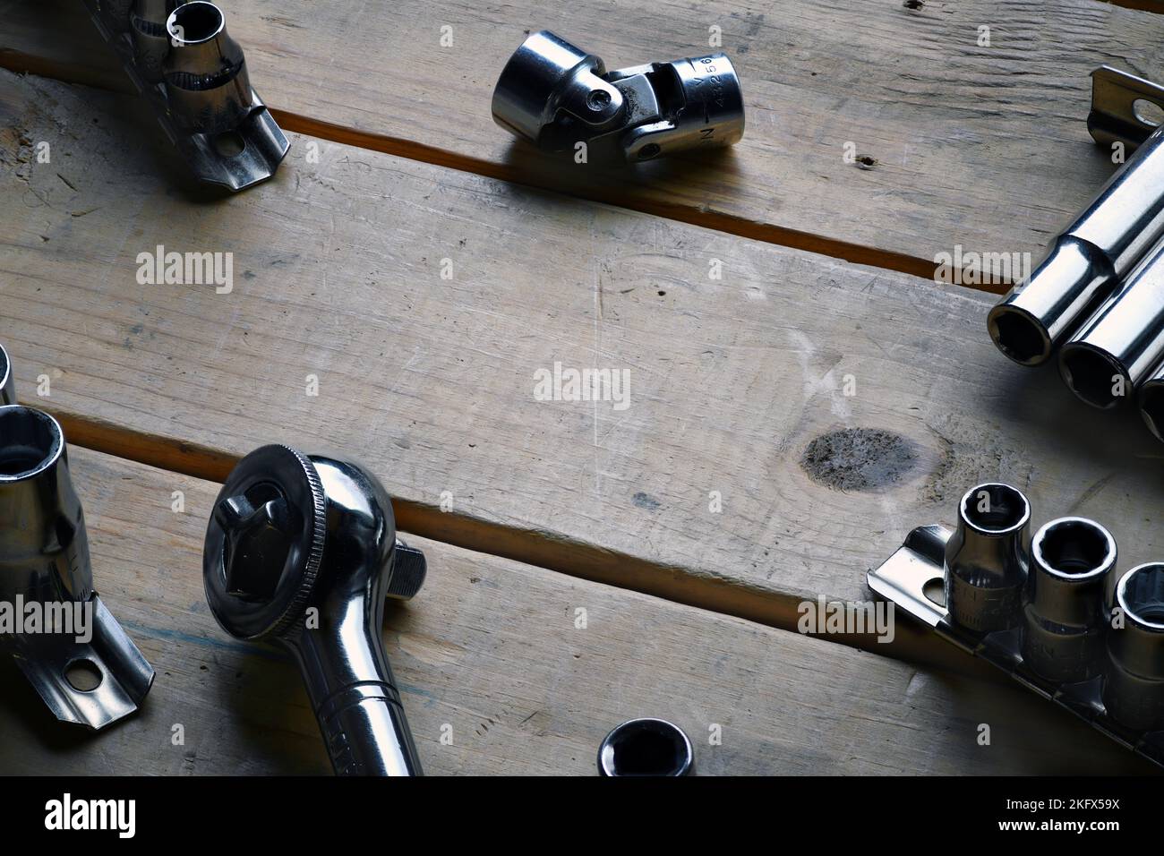 Mechanics Tools on Wooden Tool Bench Stock Photo - Alamy
