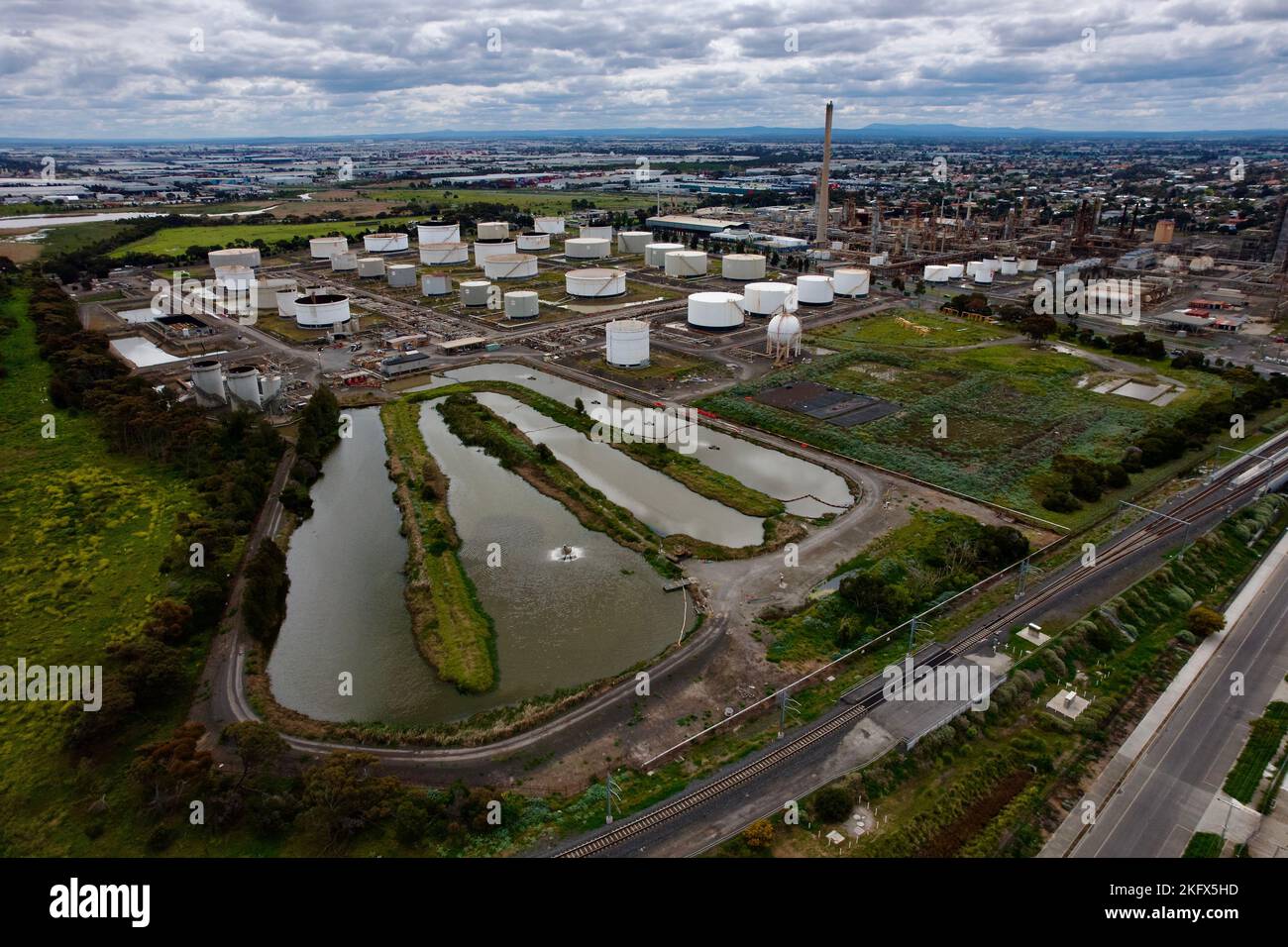 An aerial view of the oil terminal on a cloudy day in Melbourne ...