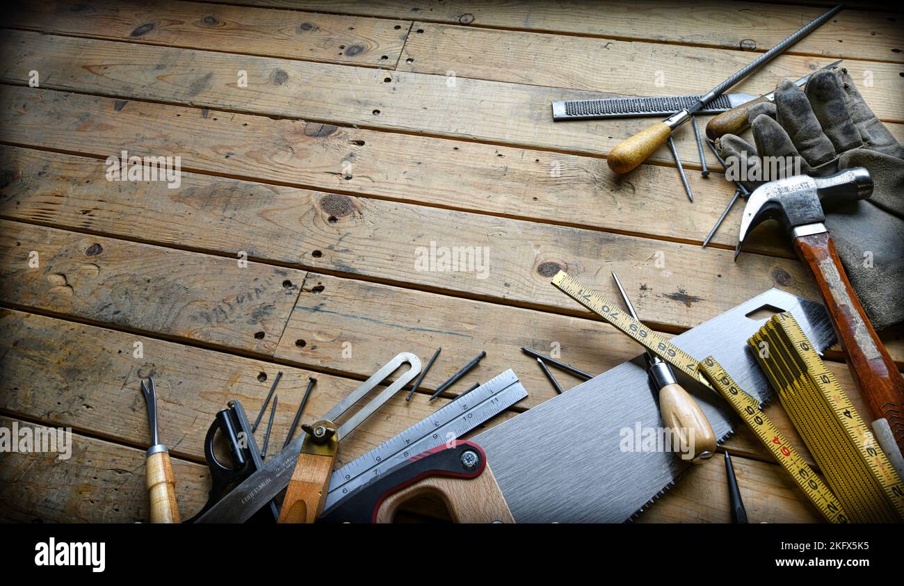 Carpenters Tools on Wooden Work Bench Stock Photo - Alamy