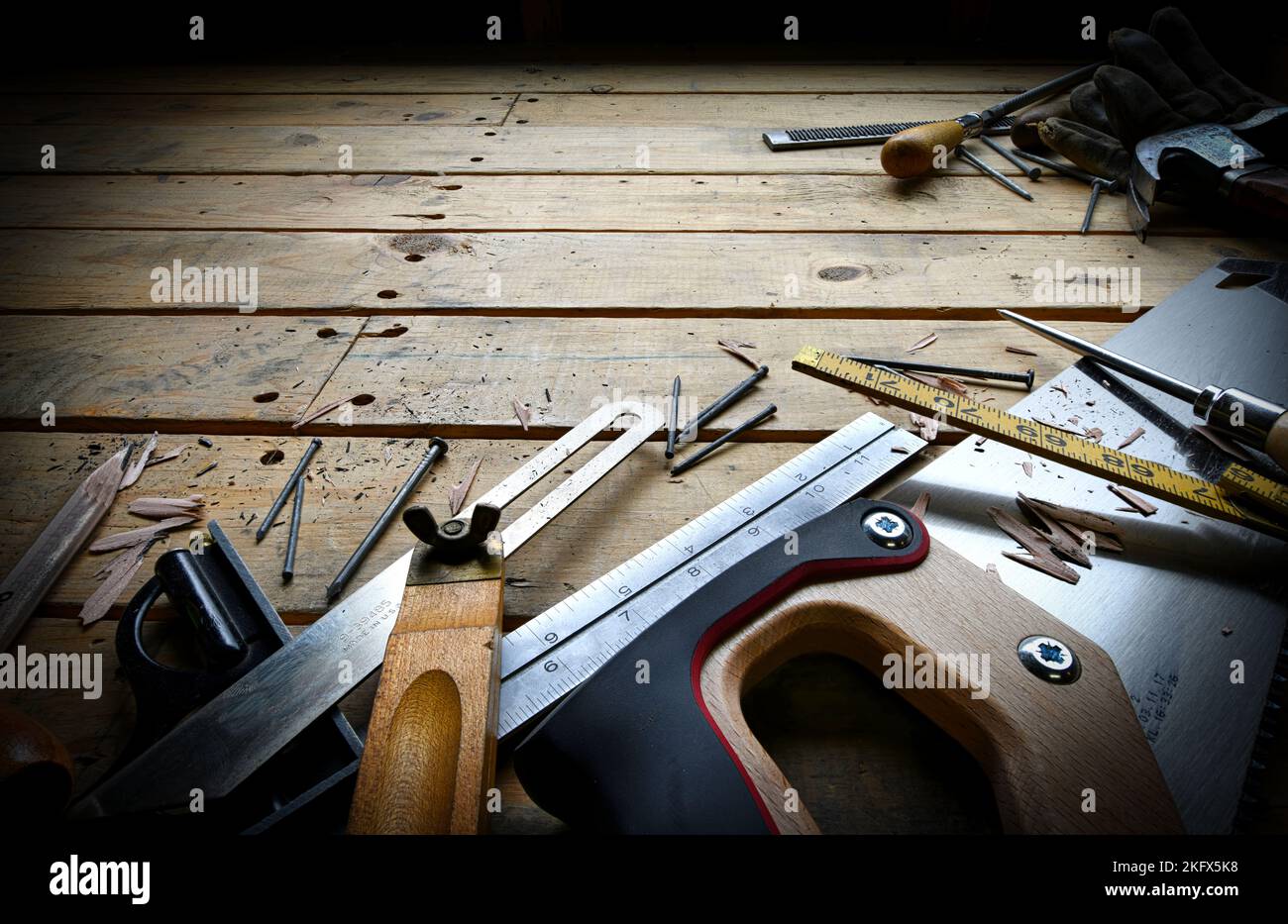 Carpenters Tools on Wooden Work Bench Stock Photo - Alamy
