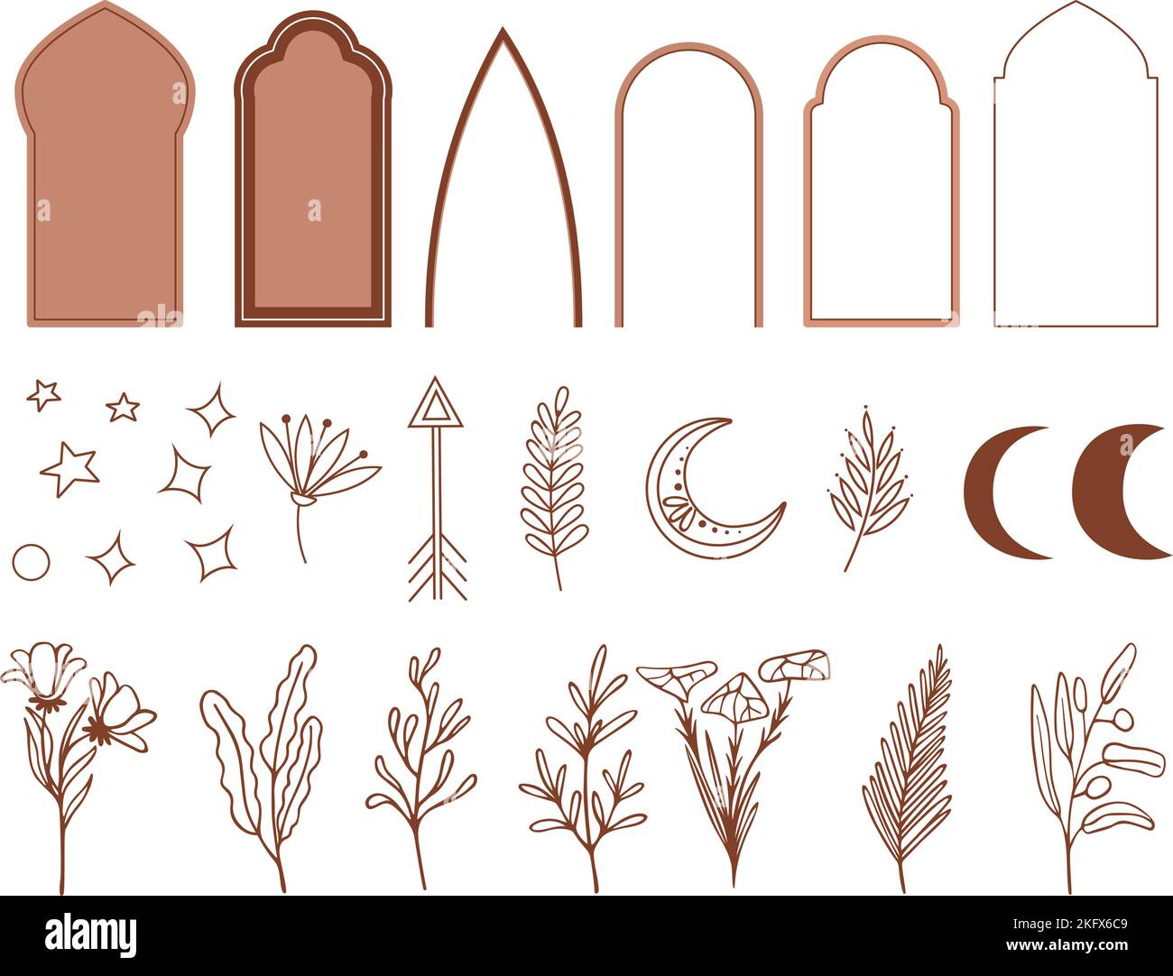 Celestial line elements design. Boho style graphic, magic contemporary objects. Moon, stars and ...
